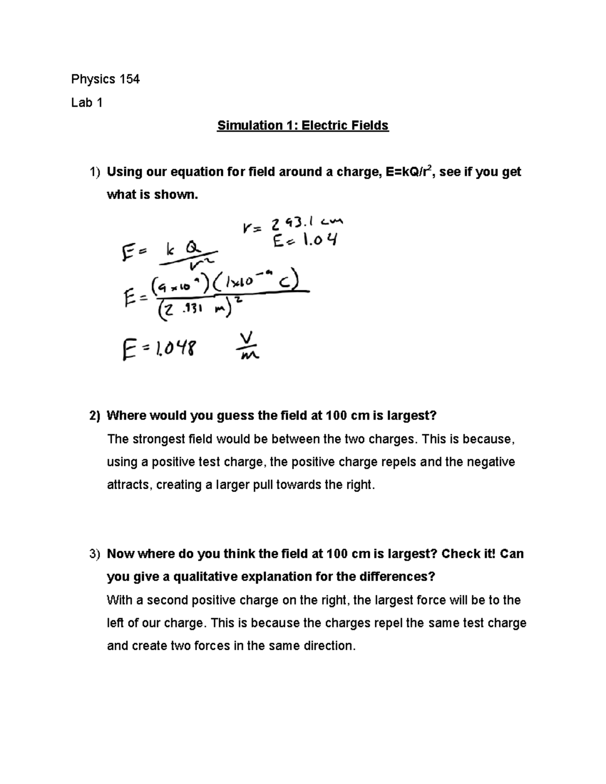 Physics 154 Lab 1 - Lab 1 - Physics 154 Lab 1 Simulation 1: Electric ...