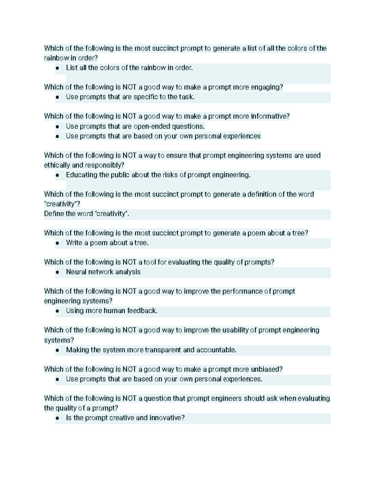 Prompt engineering quiz 1 & 2 - Which of the following is the most ...