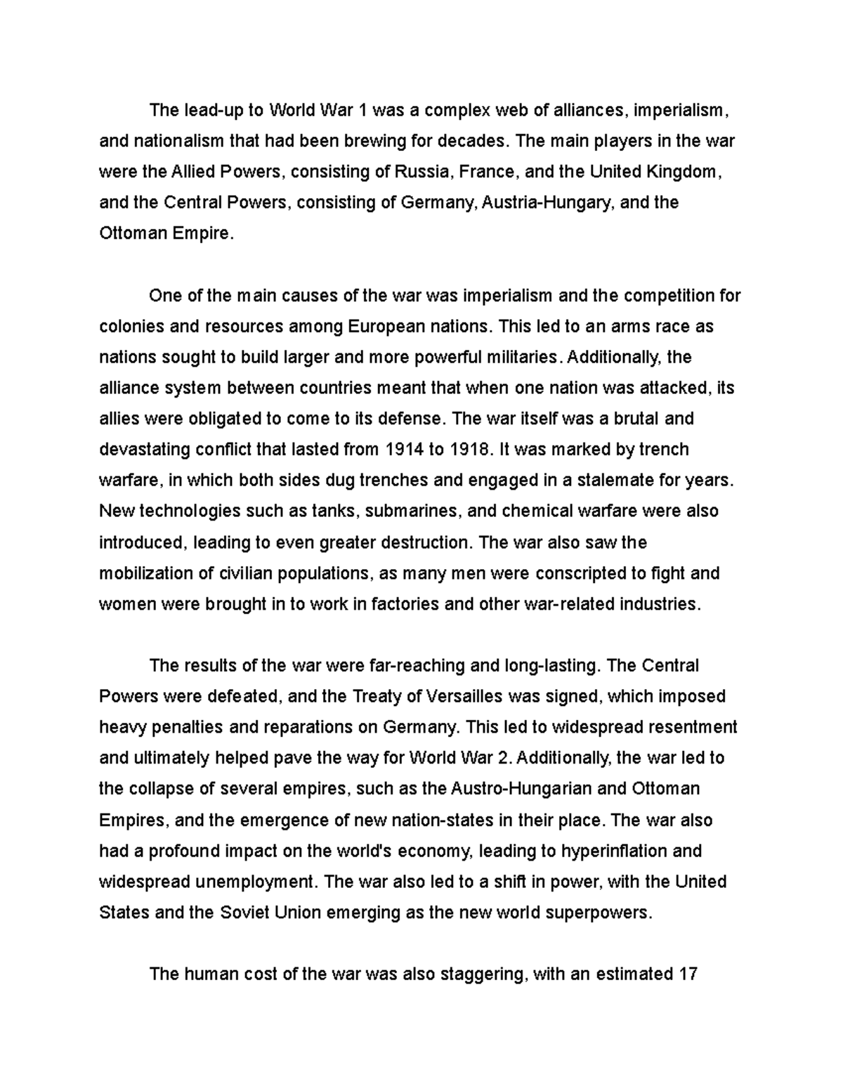 U.S History WW1 Overview Essay - The lead-up to World War 1 was a ...