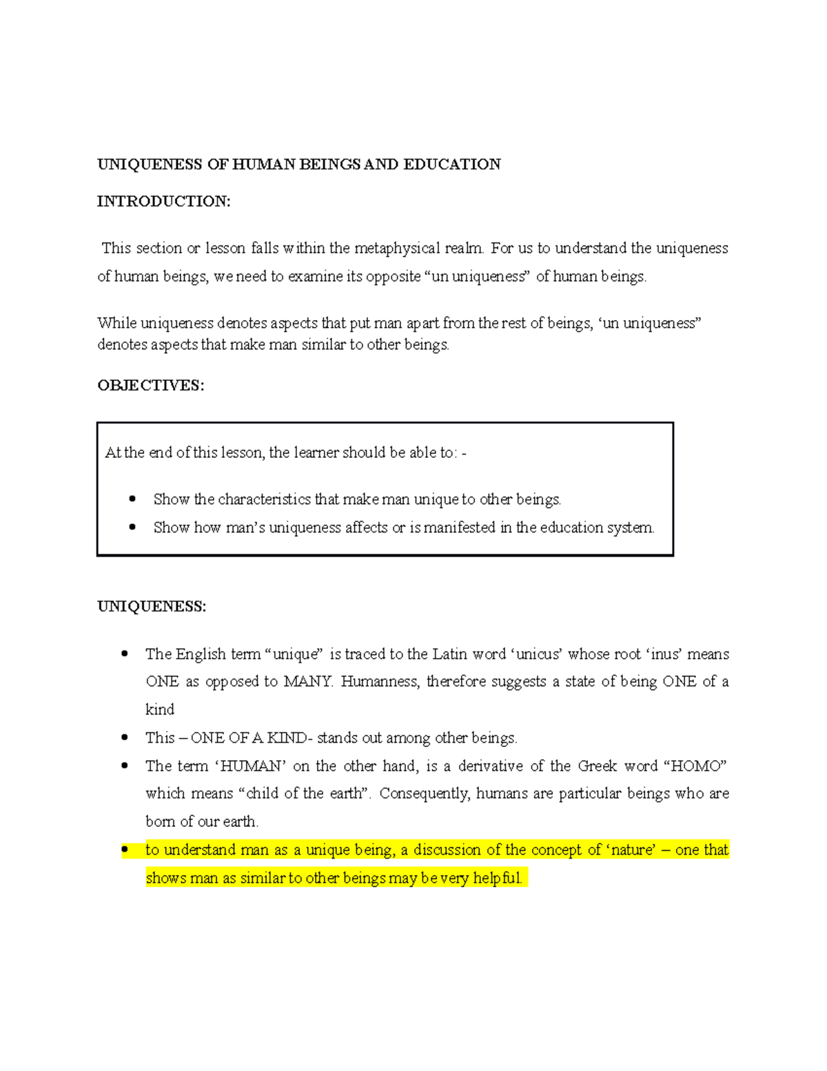 Human conscious EFN302 - UNIQUENESS OF HUMAN BEINGS AND EDUCATION ...