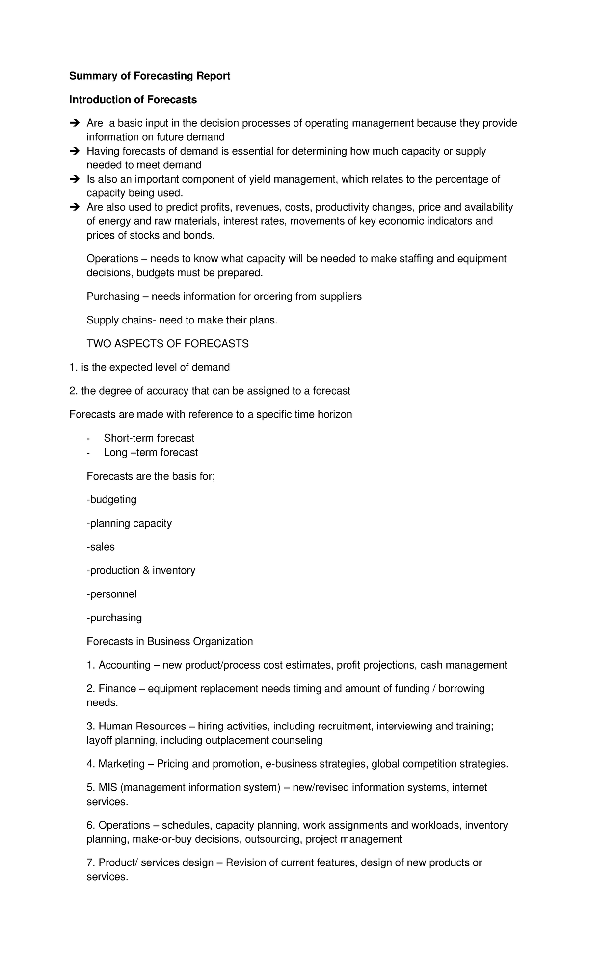 Forcasting - notes - Summary of Forecasting Report Introduction of ...