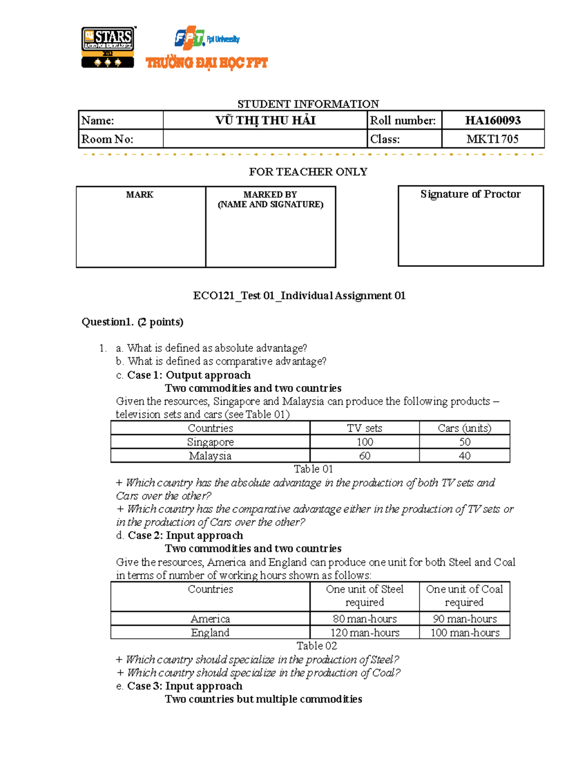 ECO121 Test-01 Individual-Assignment-01 - STUDENT INFORMATION Name: VŨ ...