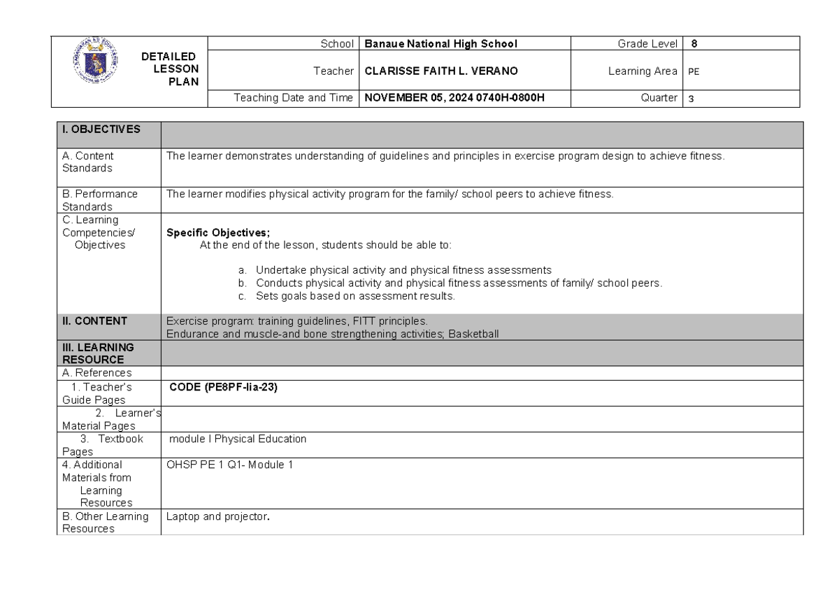 Curriculum Lesson PLAN- PE 2 - I. OBJECTIVES A. Content Standards The ...