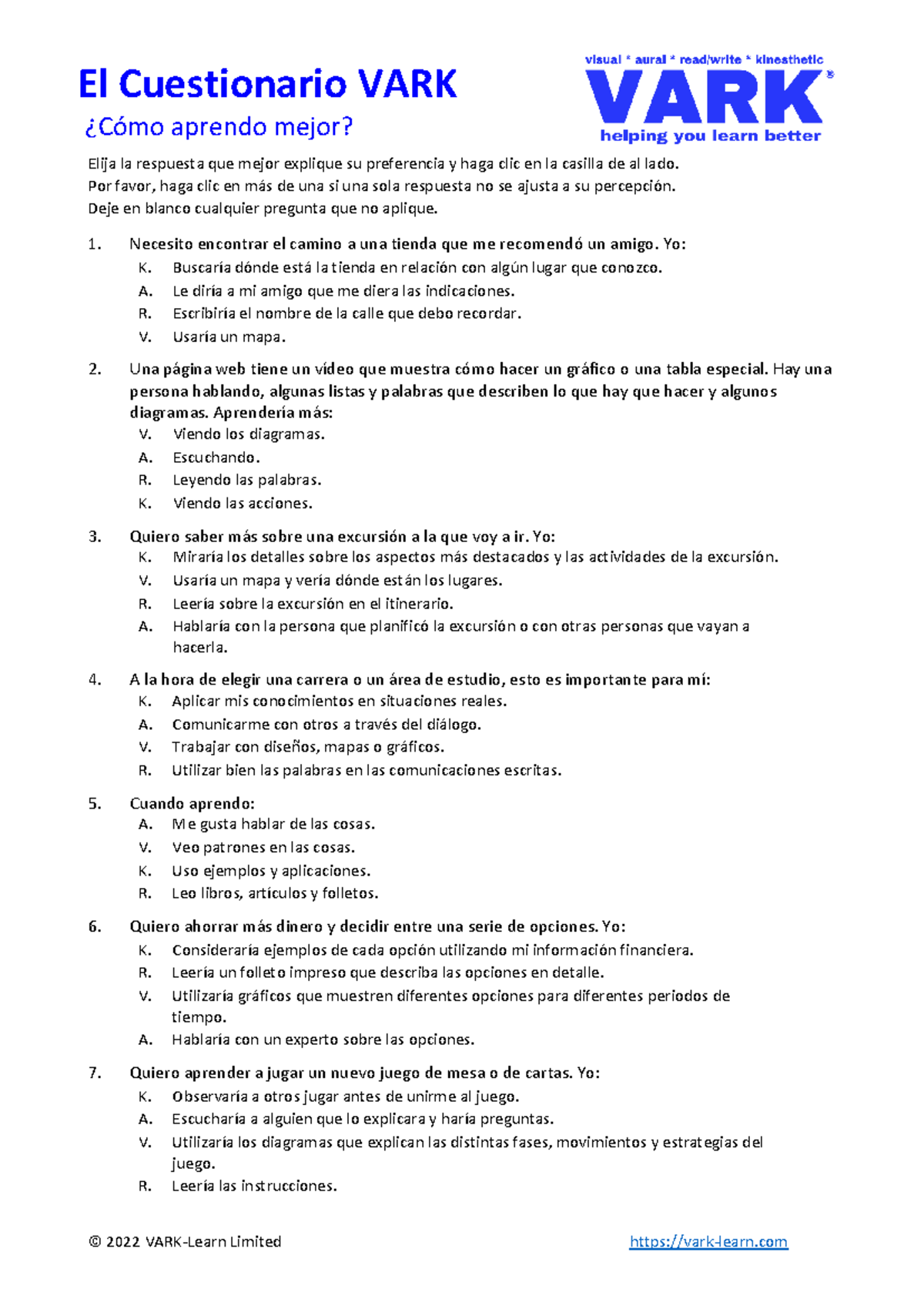 The VARK Questionnaire Spanish 4 - © 202 2 VARK-Learn Limited vark ...