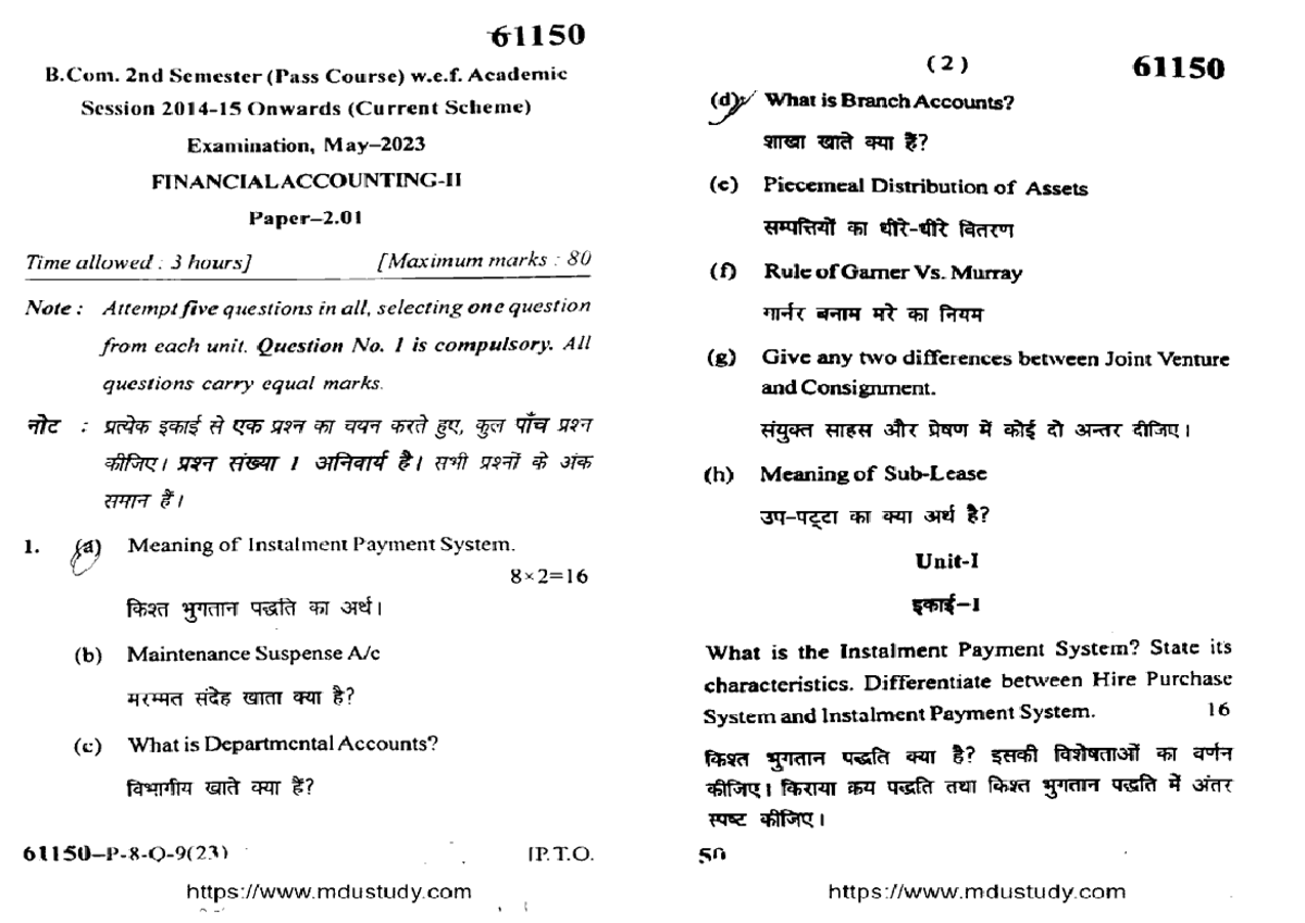 Bcom 2 sem financial accounting 2 61150 may 2023 - 61150 (2) B. 2nd ...