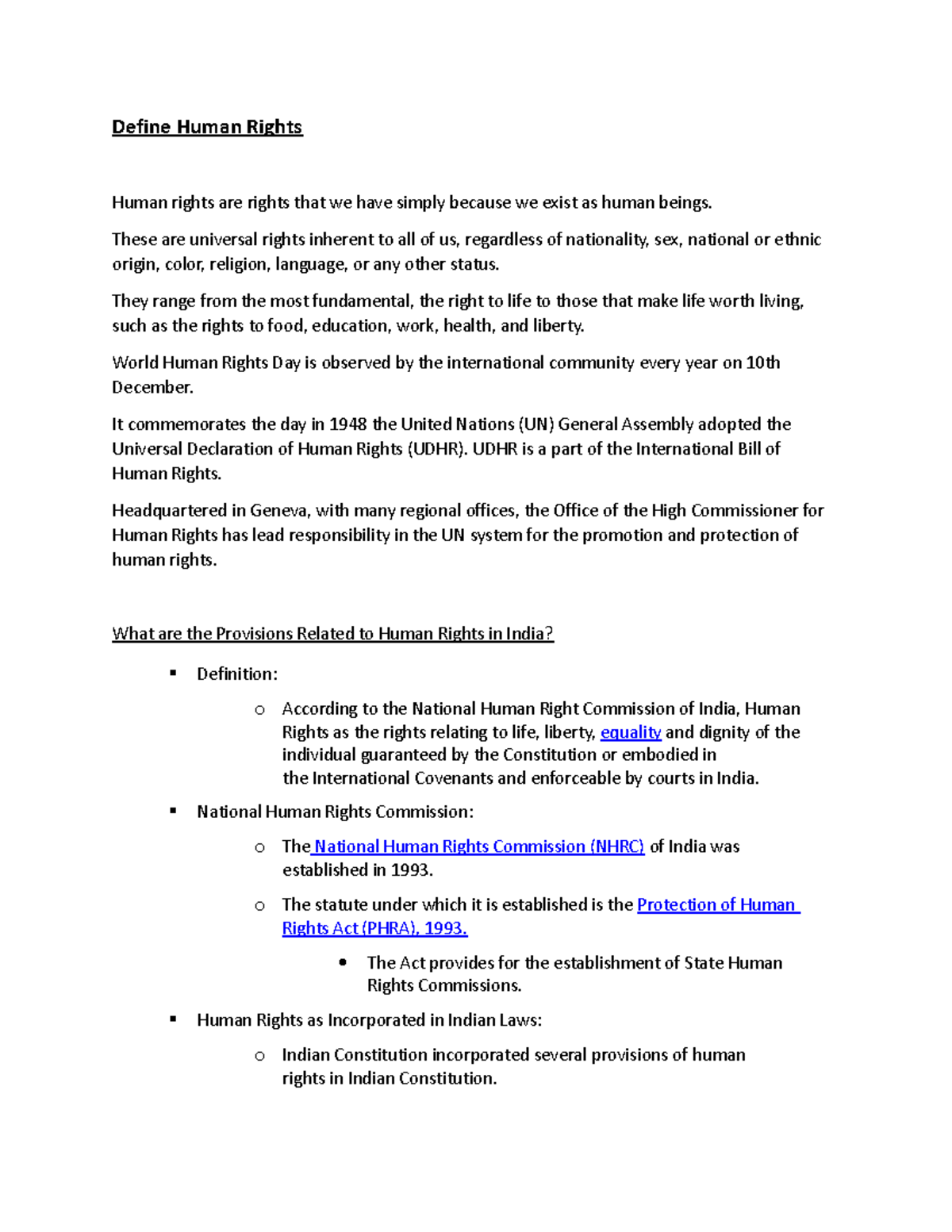 Human Rights and International Law - Define Human Rights Human rights ...