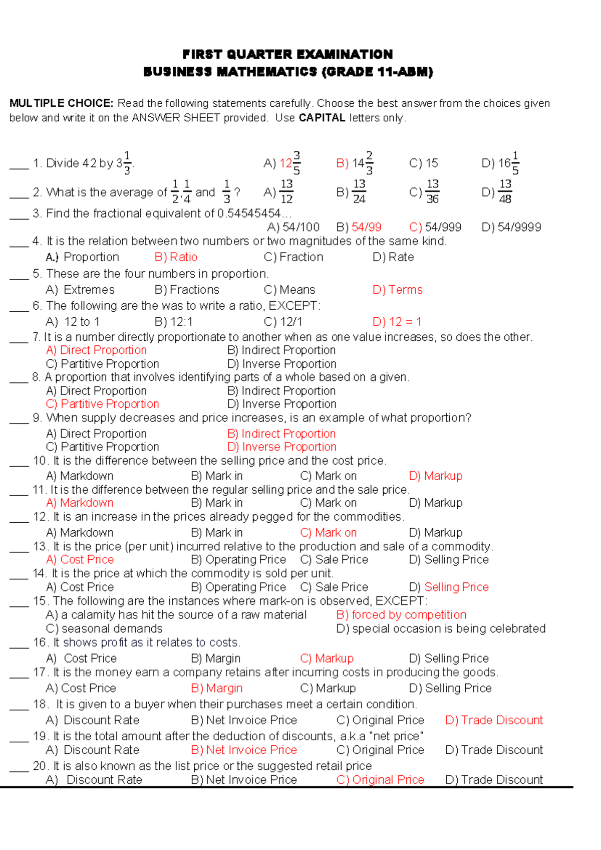 1Q Bmath 1 - business math grade 11 - FIRST QUARTER EXAMINATION ...