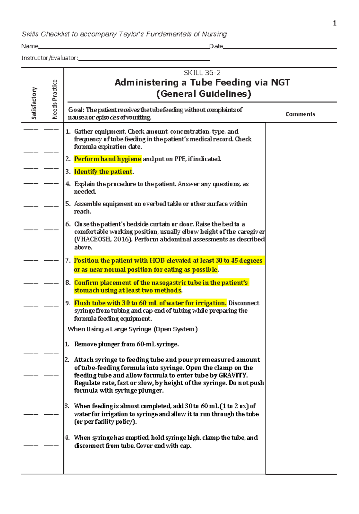 Skill 36-2 Administering a Tube Feeding Revised FA20 - 1 Skills ...