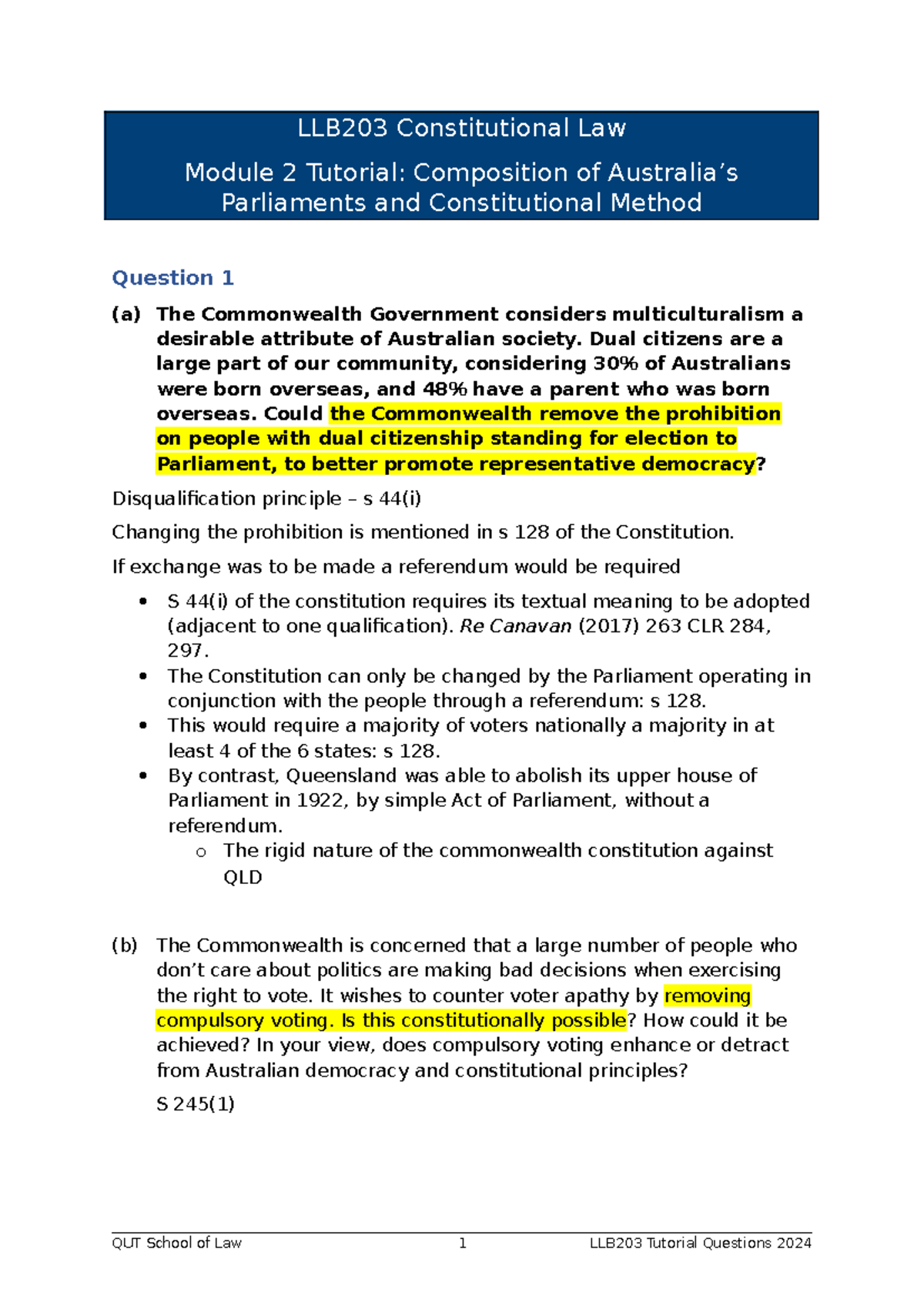 Module 2 Tutorial Questions - Composition of Parliament and ...