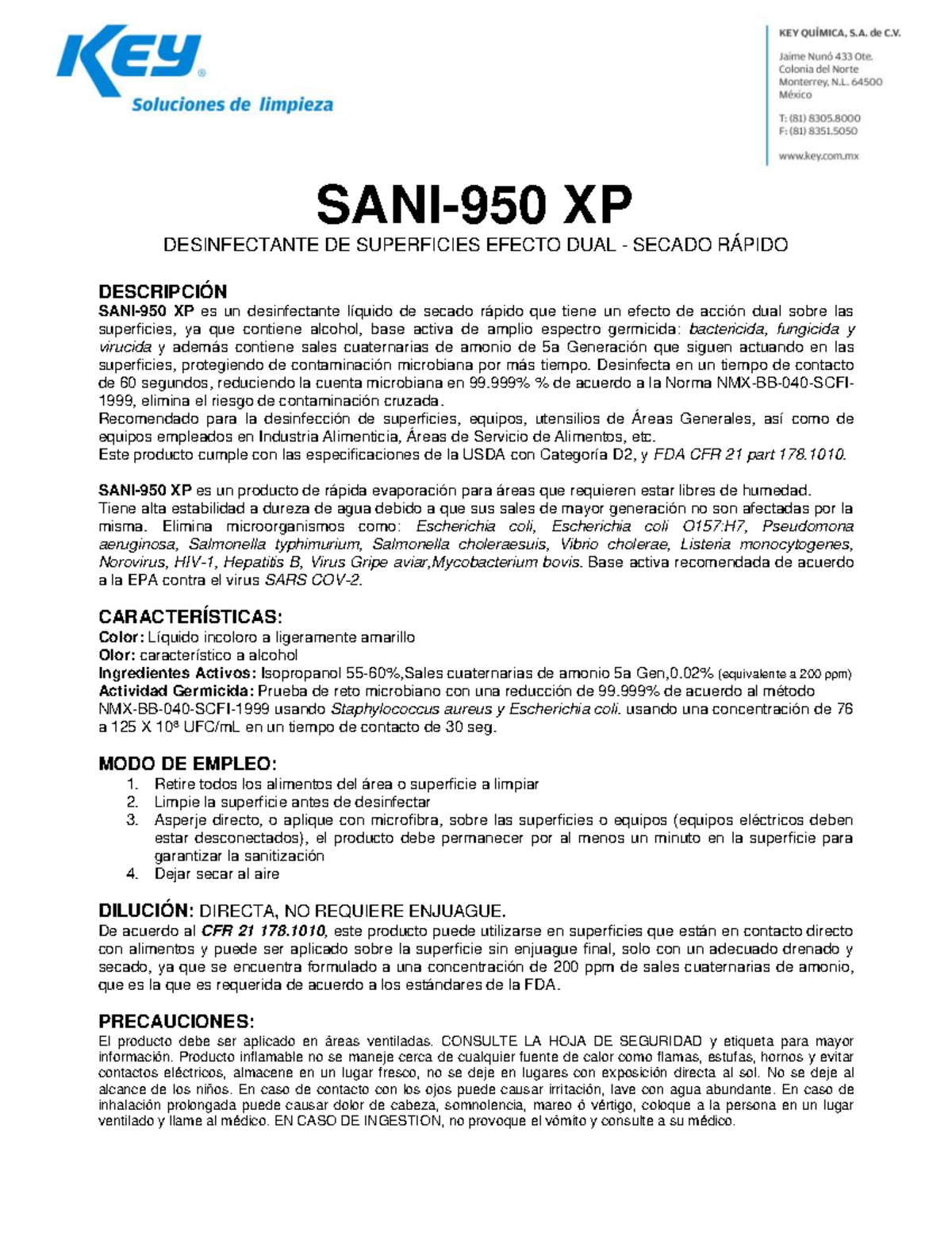 FT SANI-950 XP (6781) - HOJA DE SEGURIDAD - SANI- 950 XP DESINFECTANTE ...