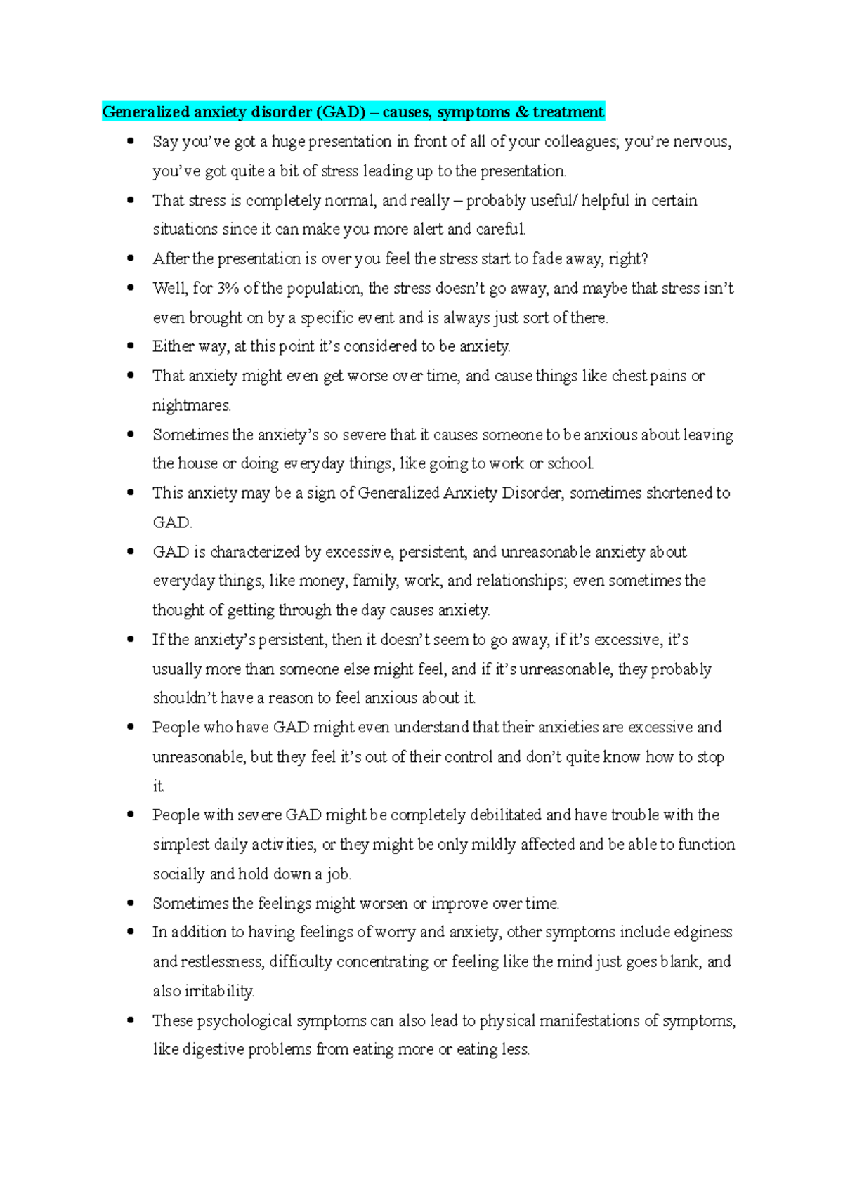 Generalized anxiety disorder (GAD) – causes, symptoms & treatment notes ...