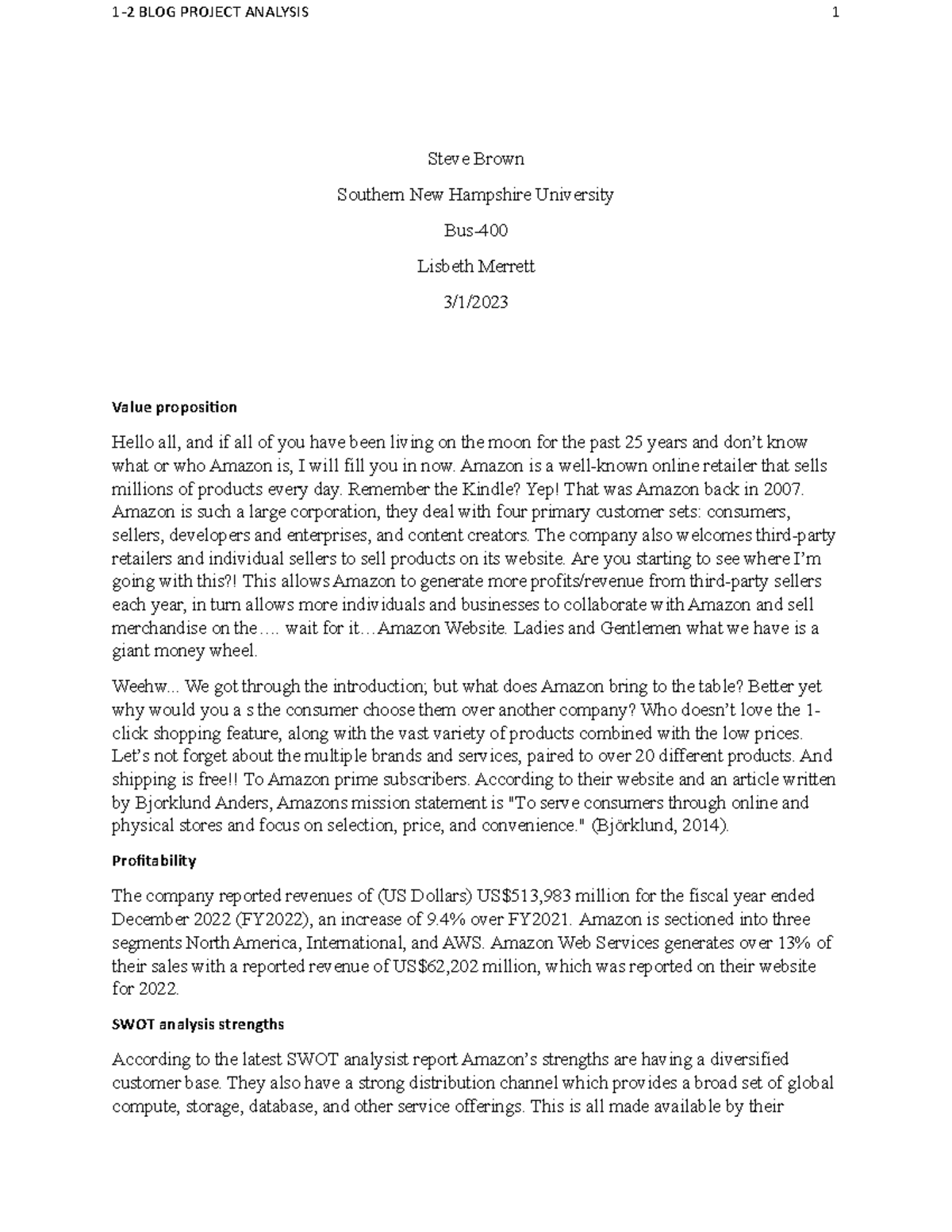 Bus400 1.2 blog - 1-2 BLOG PROJECT ANALYSIS 1 Steve Brown Southern New ...