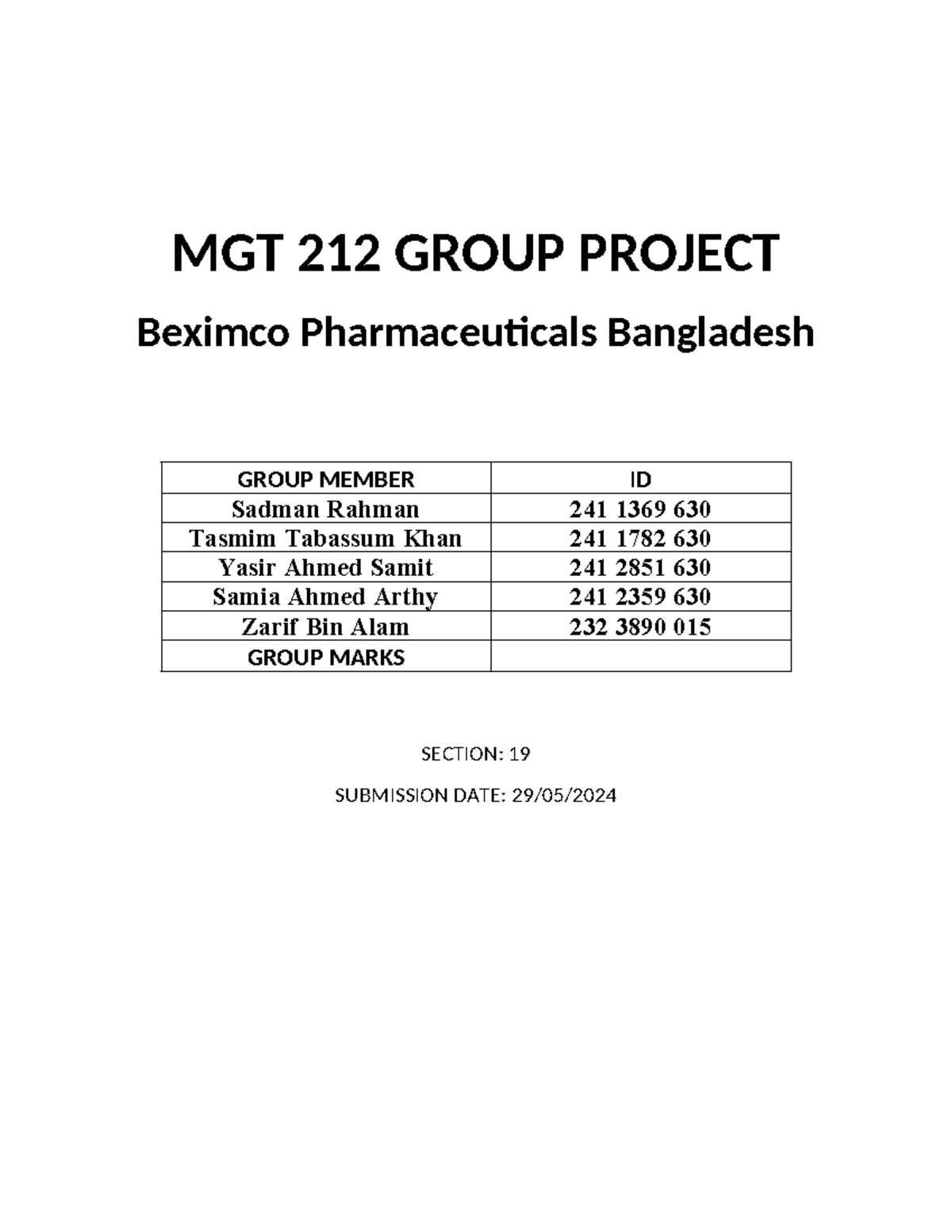 MGT 212 Group Report - MGT 212 GROUP PROJECT Beximco Pharmaceuticals ...