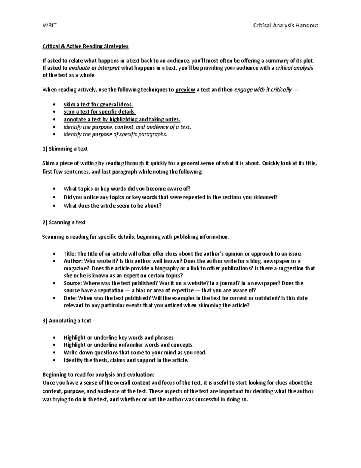Critical Analysis Handout - WRIT Critical Analysis Handout Critical ...