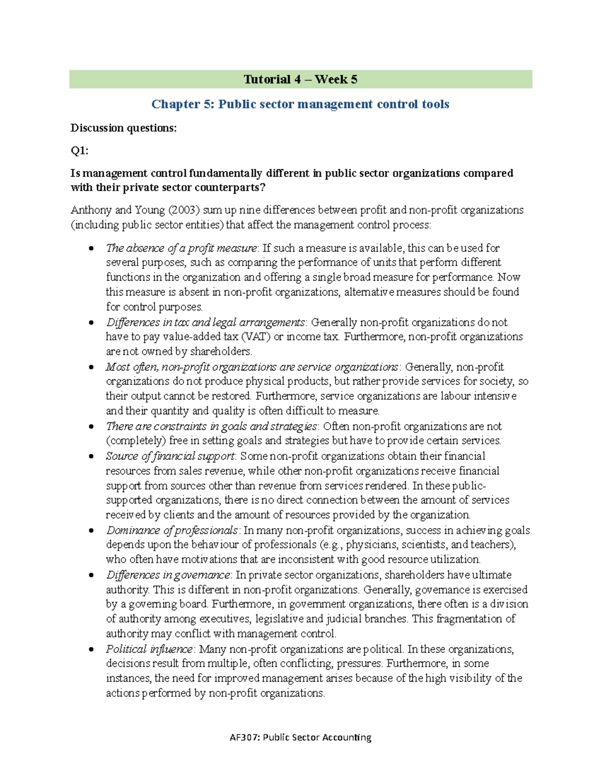 AF307 - Tutorial 4 Solution Wk 5 - AF307: Public Sector Accounting Tutorial 4 – Week 5 Chapter 5 ...