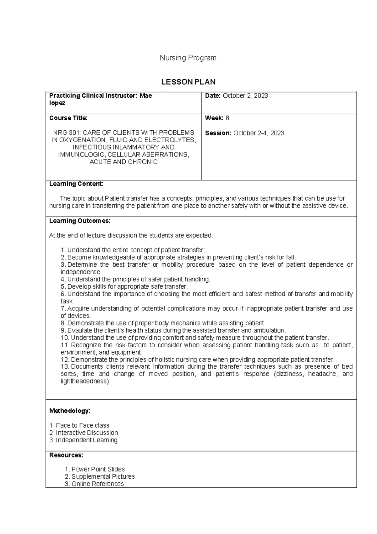 Lesson PLAN - Nursing Program LESSON PLAN Practicing Clinical ...