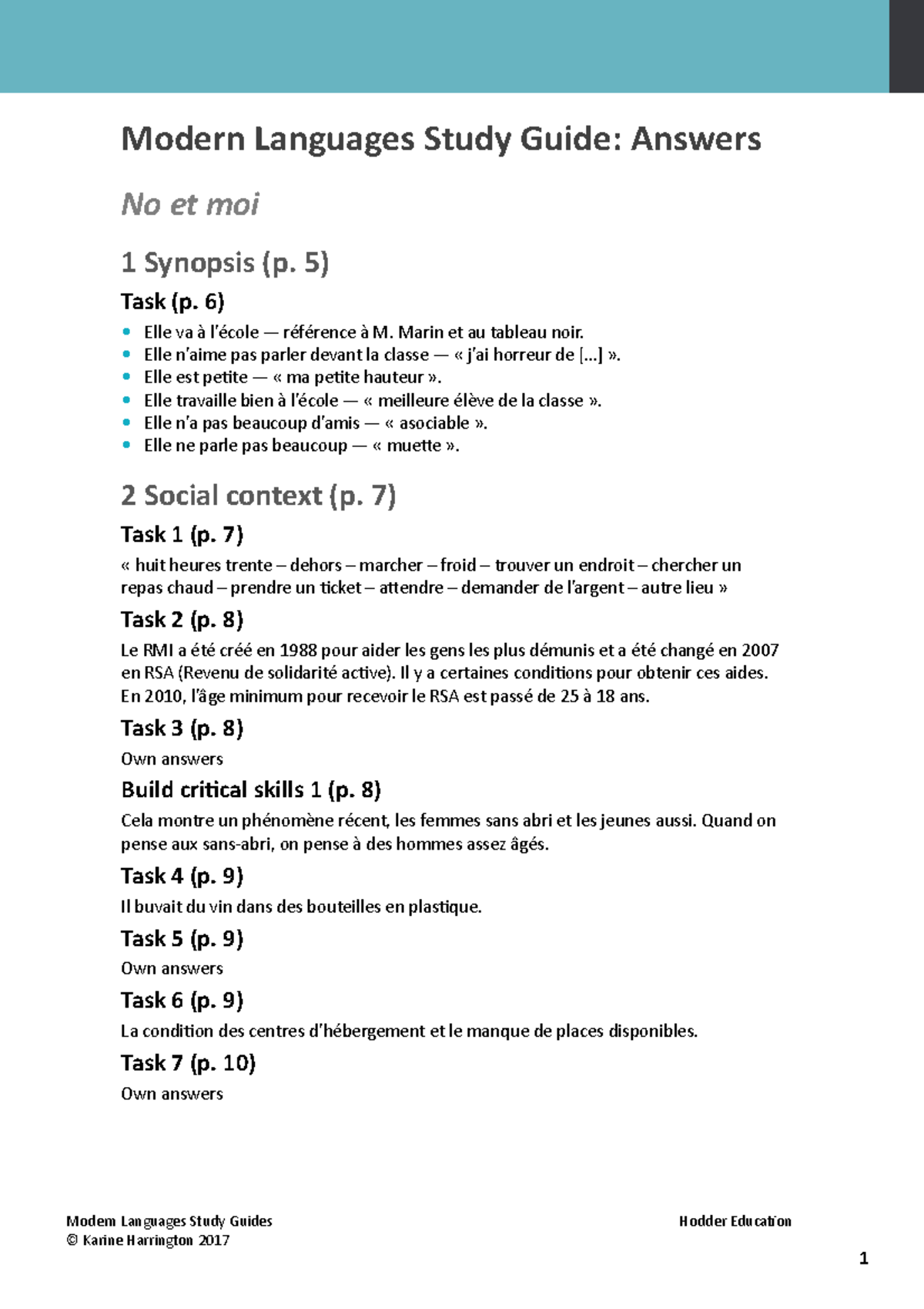 No et moi Study Guide Answers - Modern Languages Study Guide: Answers No et moi 1 Synopsis (p. 5 ...