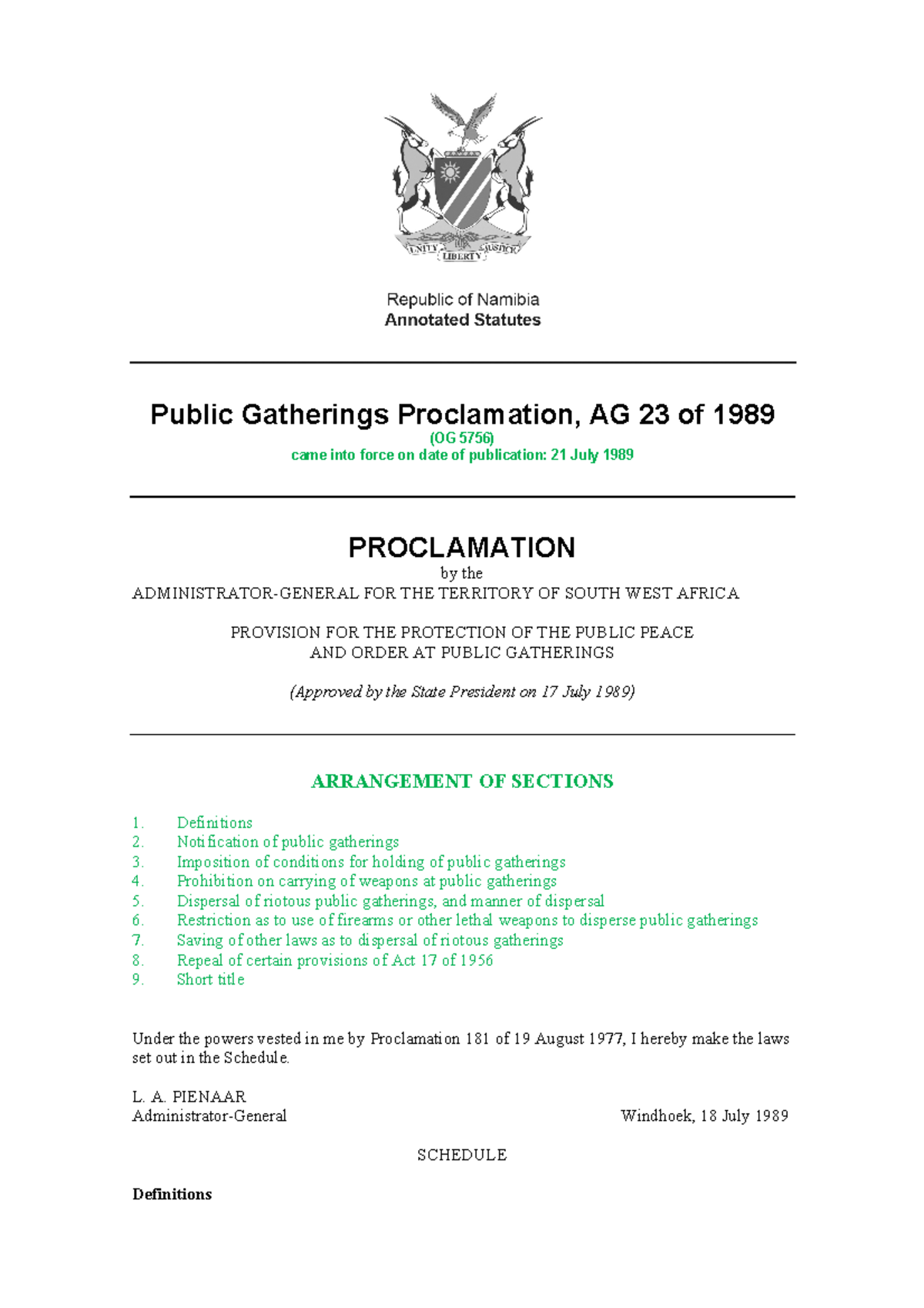 Public Gatherings Proclamation AG 23 of 1989 - Public Gatherings ...