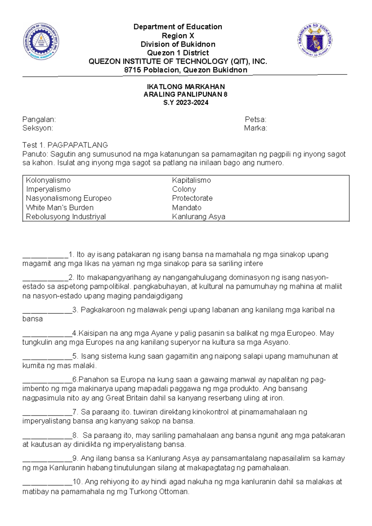 Ap-question - LEARNING MATERIALS - Department of Education Region X ...