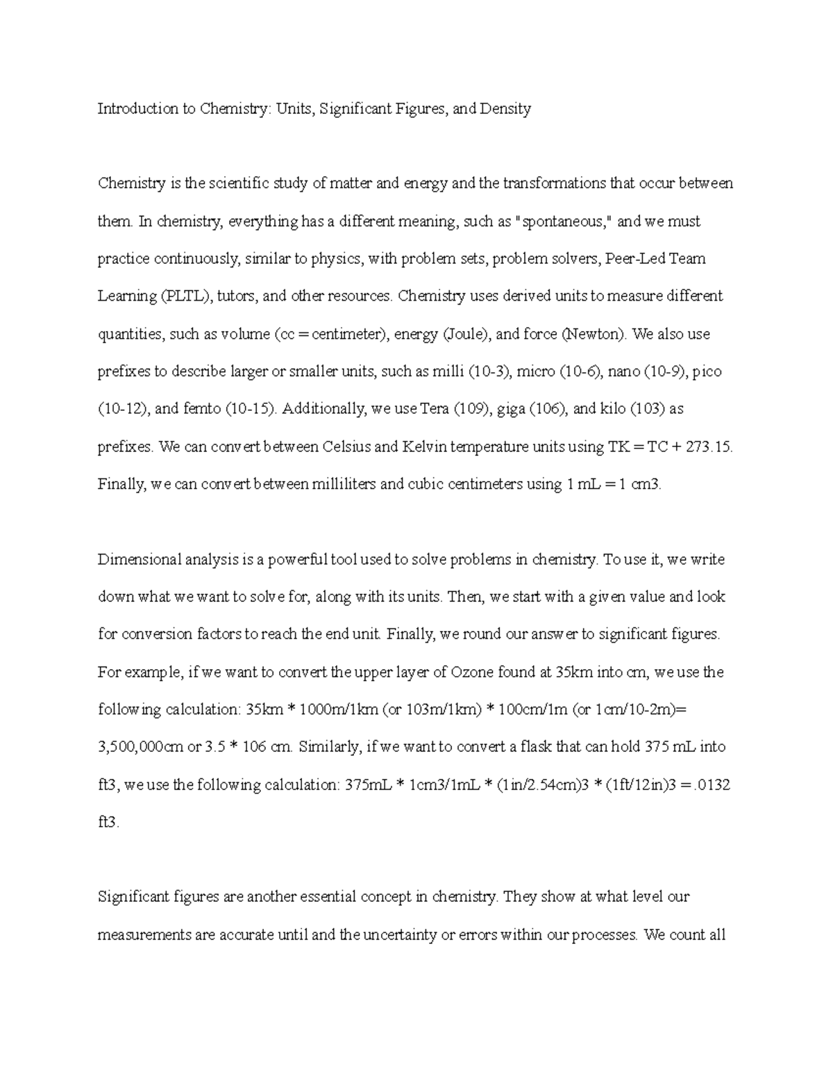 Chemistry Unit 1 - Unit 1 Notes - Introduction to Chemistry: Units ...