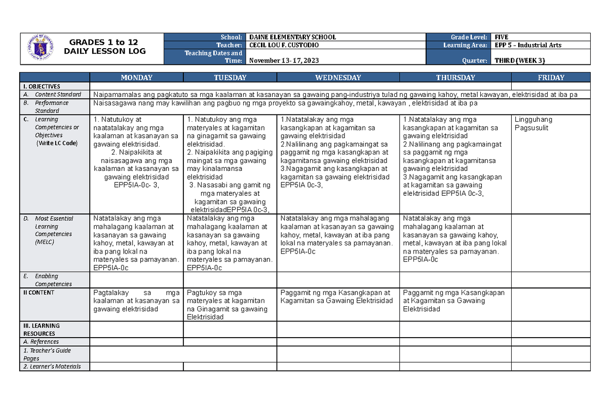 DLL EPP 5- IA Q3W3 - Practical - GRADES 1 to 12 DAILY LESSON LOG School: DAINE ELEMENTARY SCHOOL ...