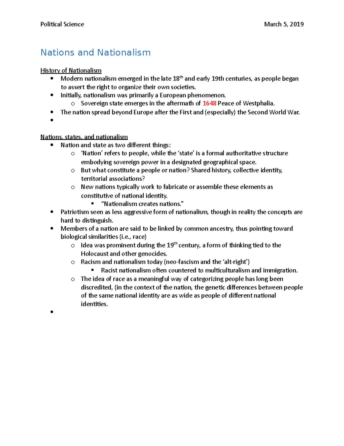 Nations and Nationalism - Political Science March 5, 2019 Nations and ...