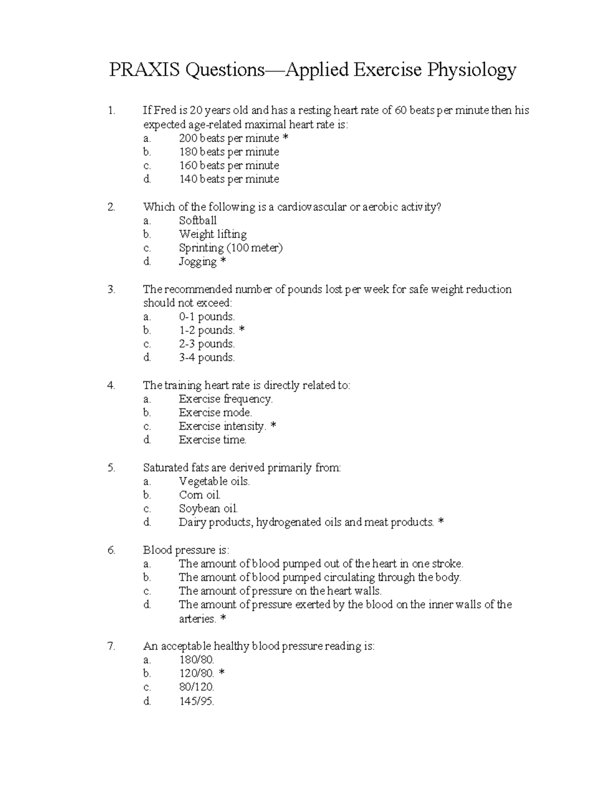 Applied Exercise Physiology - PRAXIS Questions—Applied Exercise ...
