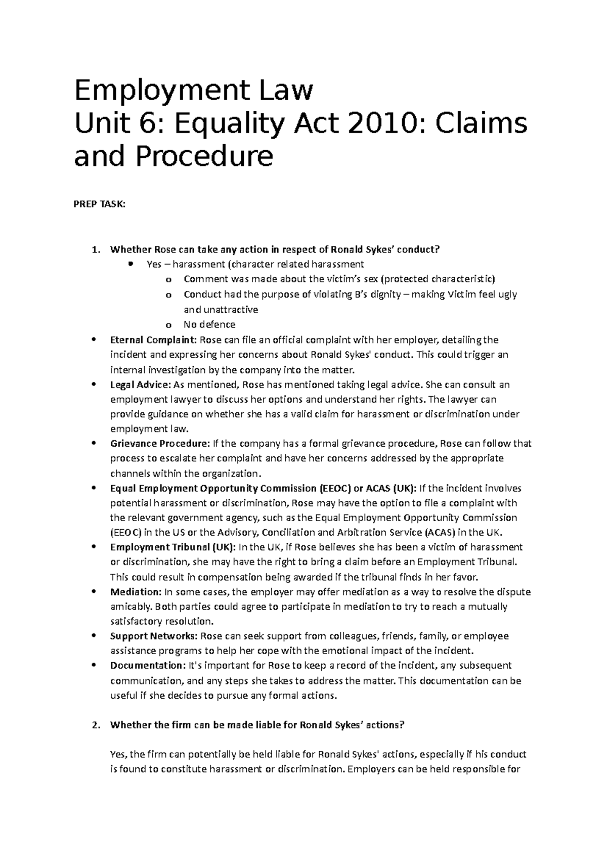 Employment Law UNIT 6 PREP - Employment Law Unit 6: Equality Act 2010 ...