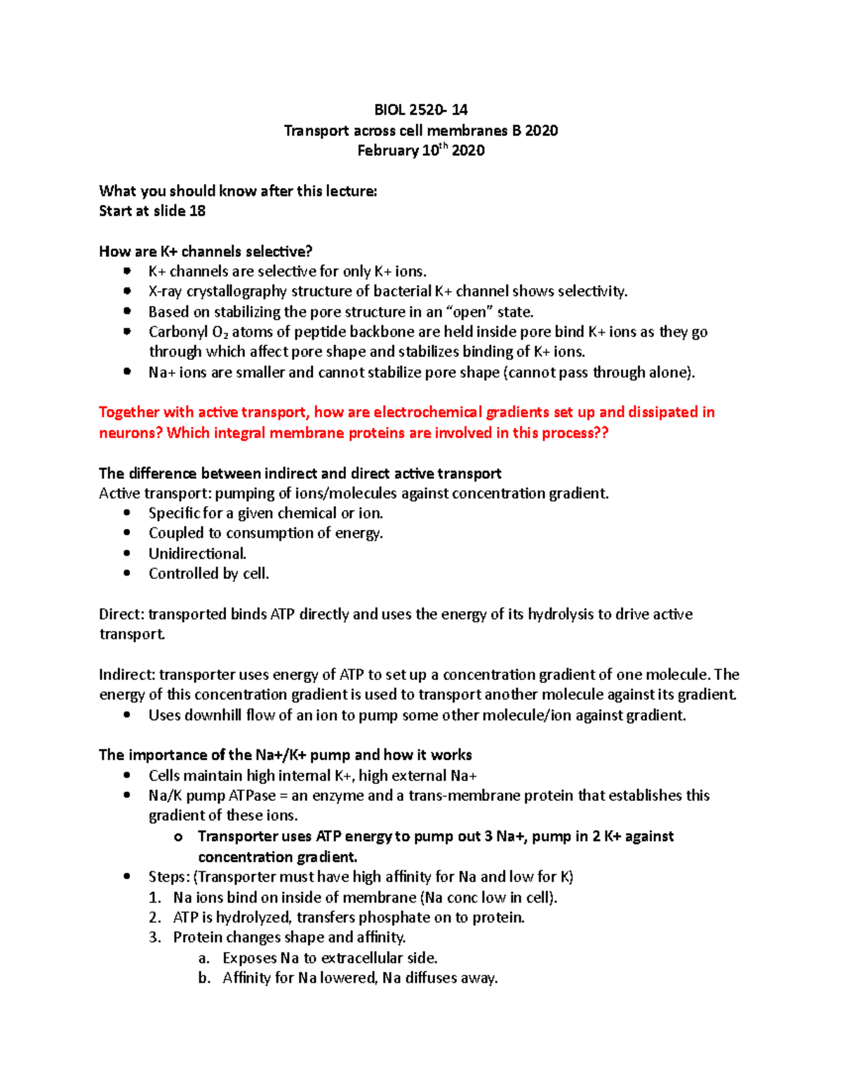 BIOL 2520-14 - Lecture 14 Notes - BIOL 2520- 14 Transport across cell ...