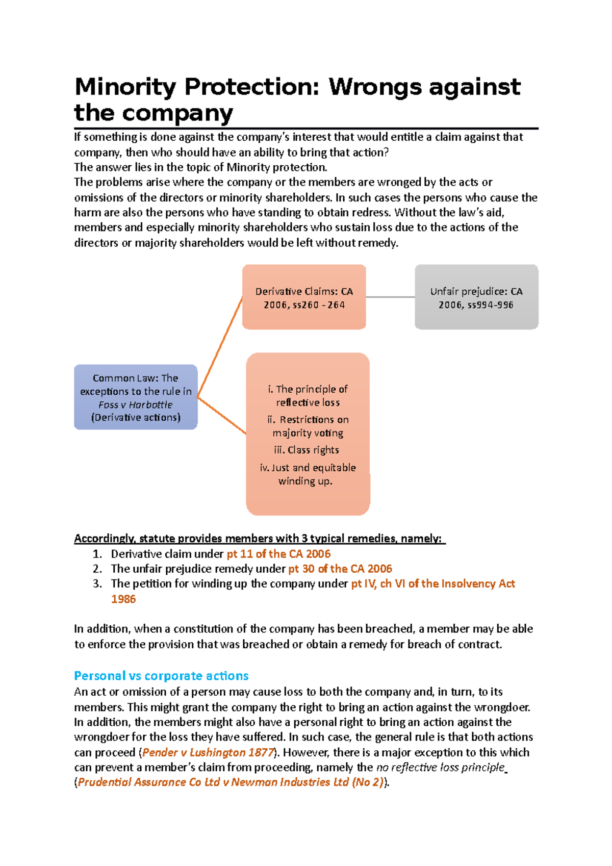 Minority Protection notes - Minority Protection: Wrongs against the ...