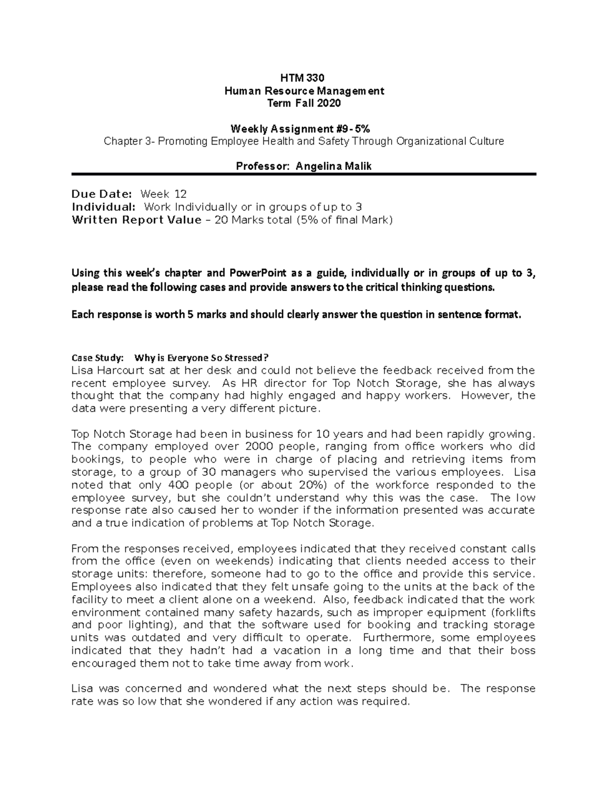 Assignment 9 case study assigne - Grade: b - HTM 330 Human Resource ...