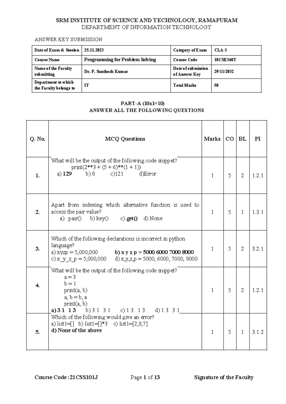 PPS CLA-3 SET A- Answer Key - DEPARTMENT OF INFORMATION TECHNOLOGY ...