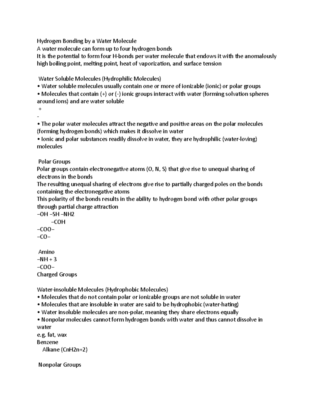 Biochemistry Lecture 6 Review - Hydrogen Bonding by a Water Molecule A ...