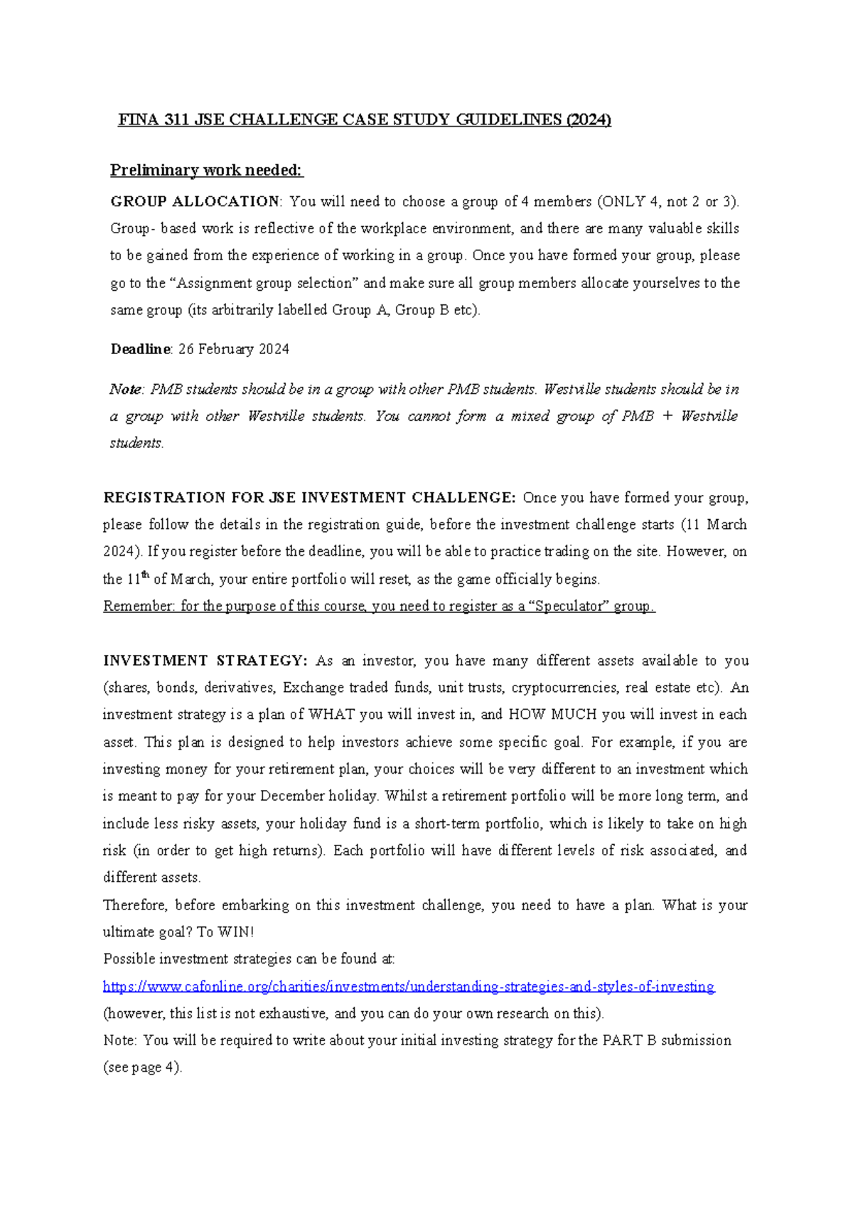 FINA311 JSE Challenge Project guidelines 2024 - FINA 311 JSE CHALLENGE CASE STUDY GUIDELINES ...