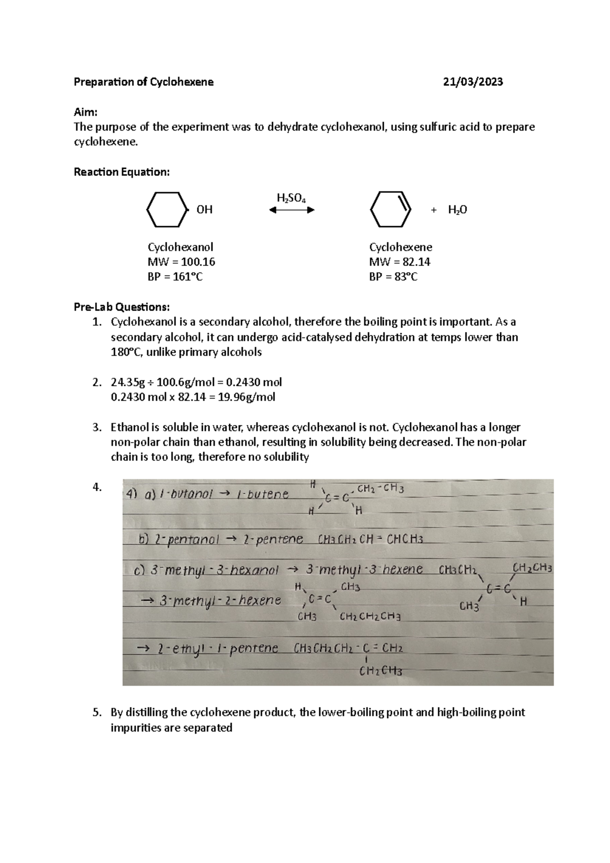 Experiment 4 – Preparation of Cyclohexene - Preparation of Cyclohexene 21/03/ Aim: The purpose ...