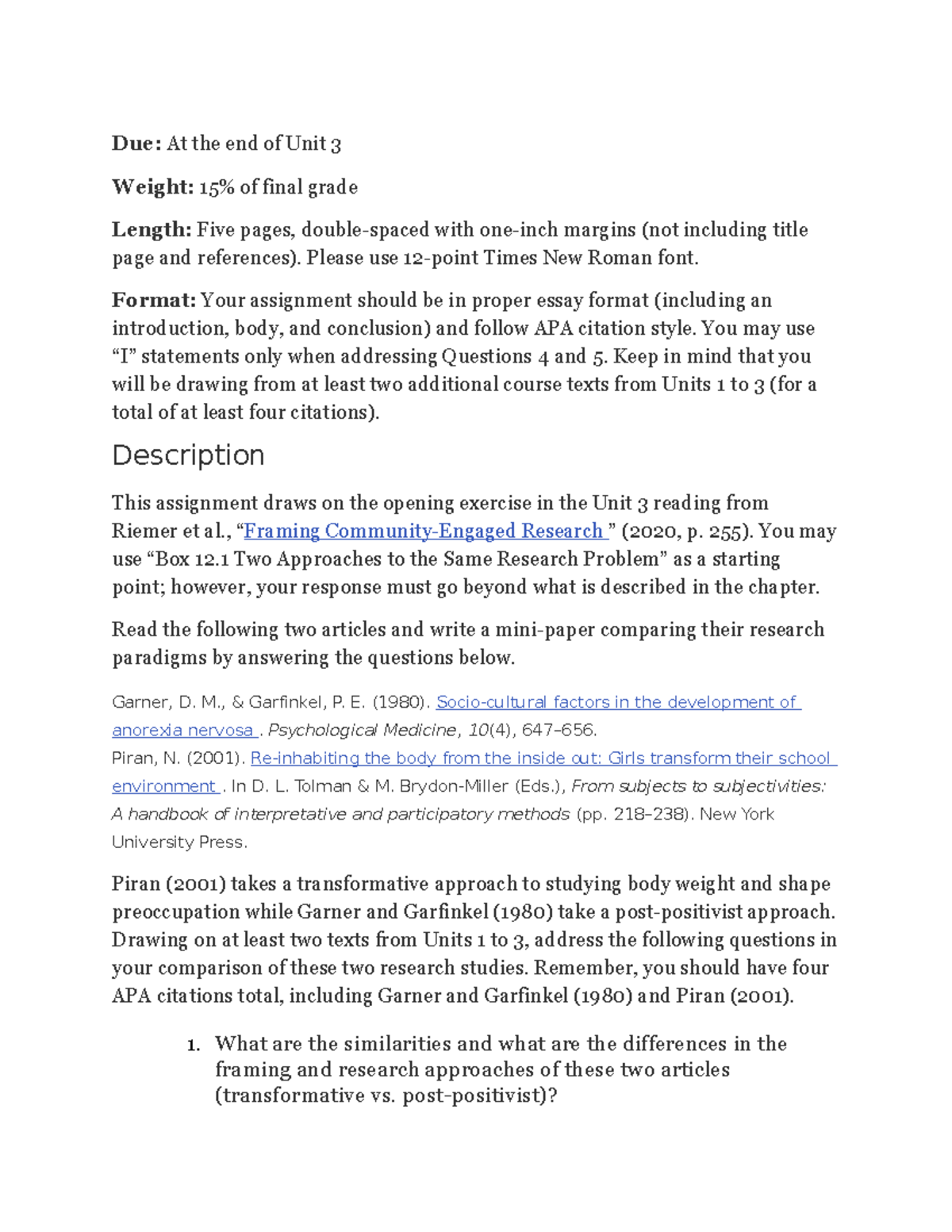 Paradigm paper assignment - Due: At the end of Unit 3 Weight: 15% of ...