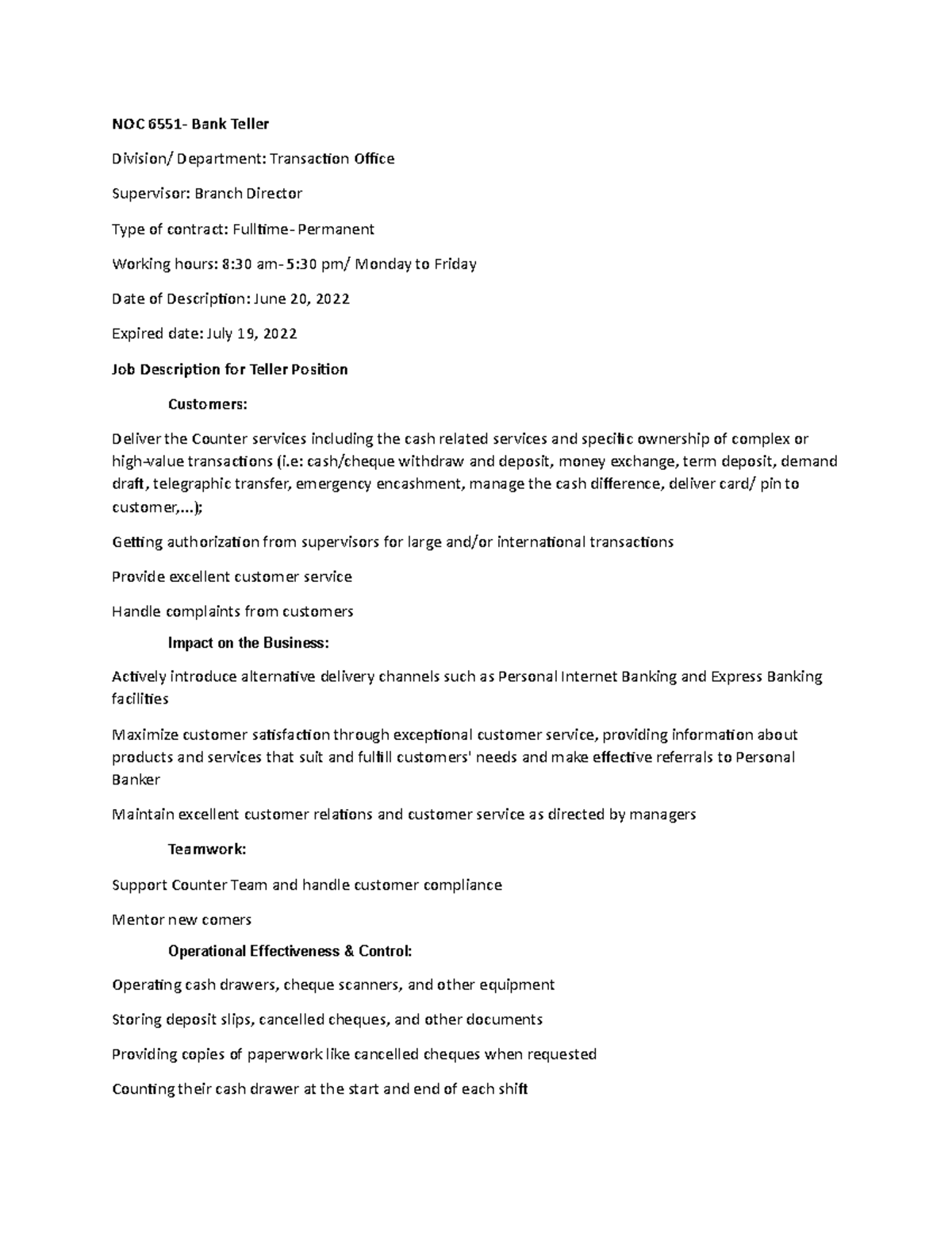Job Description assignment - NOC 6551- Bank Teller Division/ Department ...