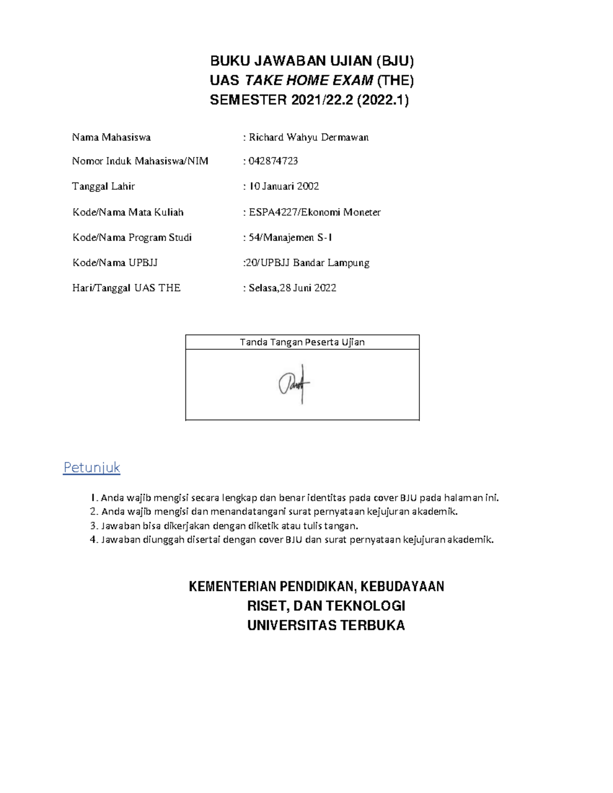 UAS Ekonomi Moneter compressed compressed - BUKU JAWABAN UJIAN (BJU) UAS TAKE HOME EXAM (THE ...
