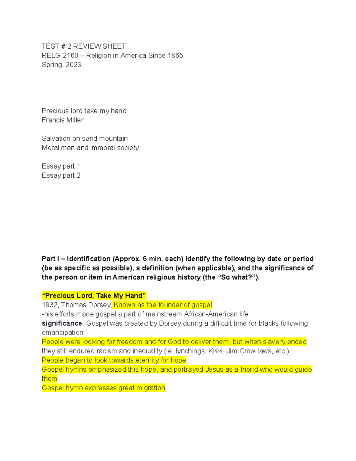 Relg exam 2 - Second exam notes - TEST # 2 REVIEW SHEET RELG 2160 ...
