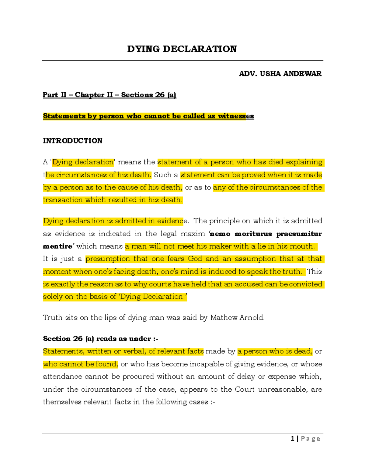 BSA - Dying Declaration - DYING DECLARATION ADV. USHA ANDEWAR Part II ...