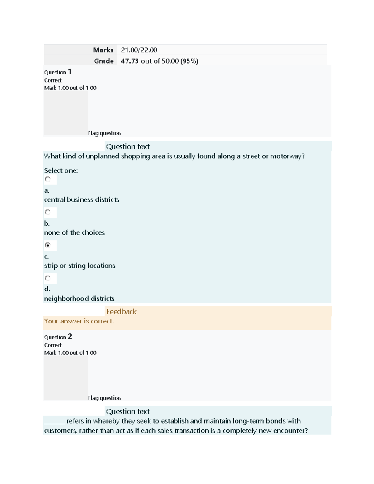 Retail Management Prelim EXAM - Marks 21/22. Grade 47 out of 50 ( 95 % ...