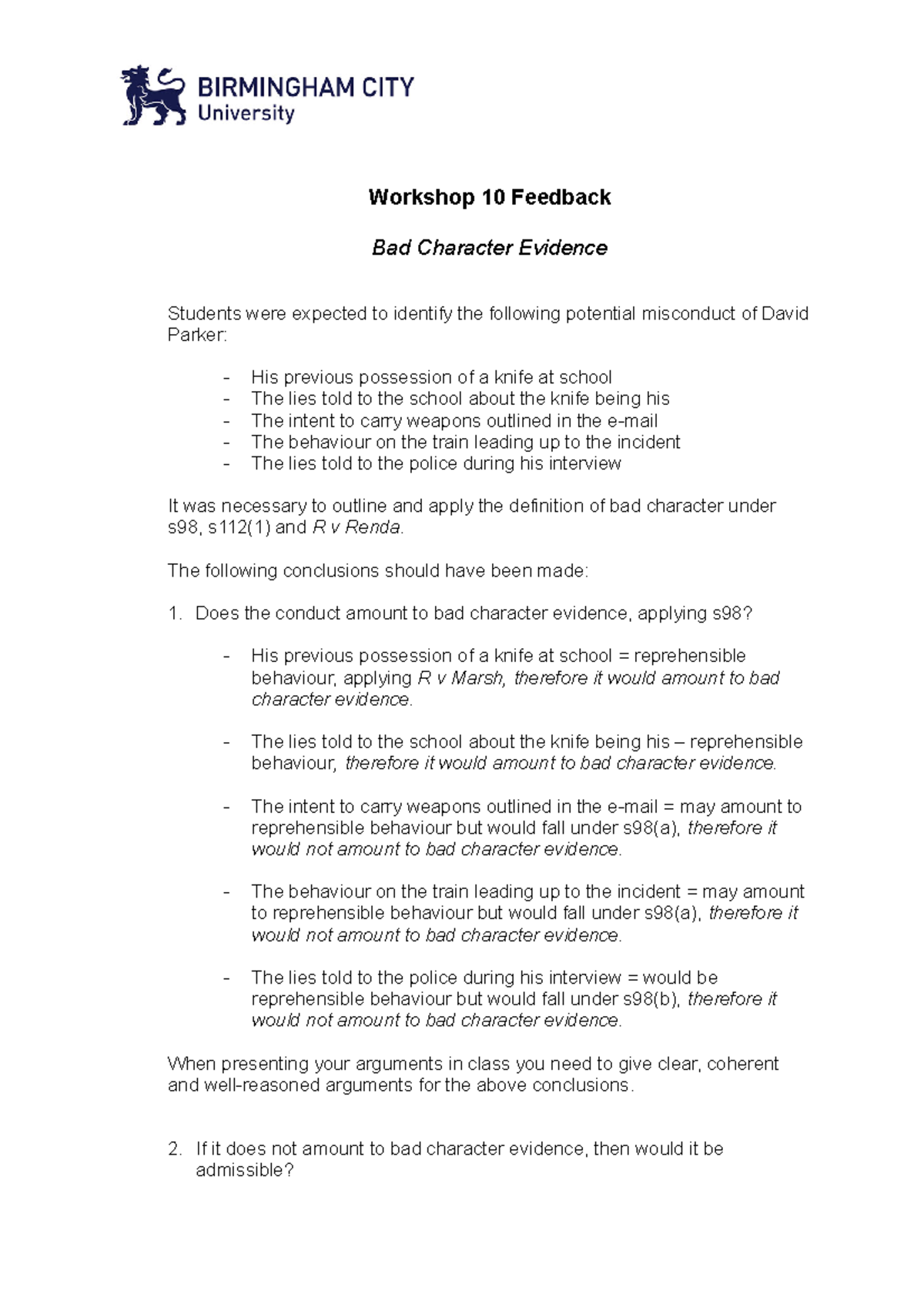 Workshop 10 Feedback Arguments - prosecution and defence - Workshop 10 Feedback Bad Character ...