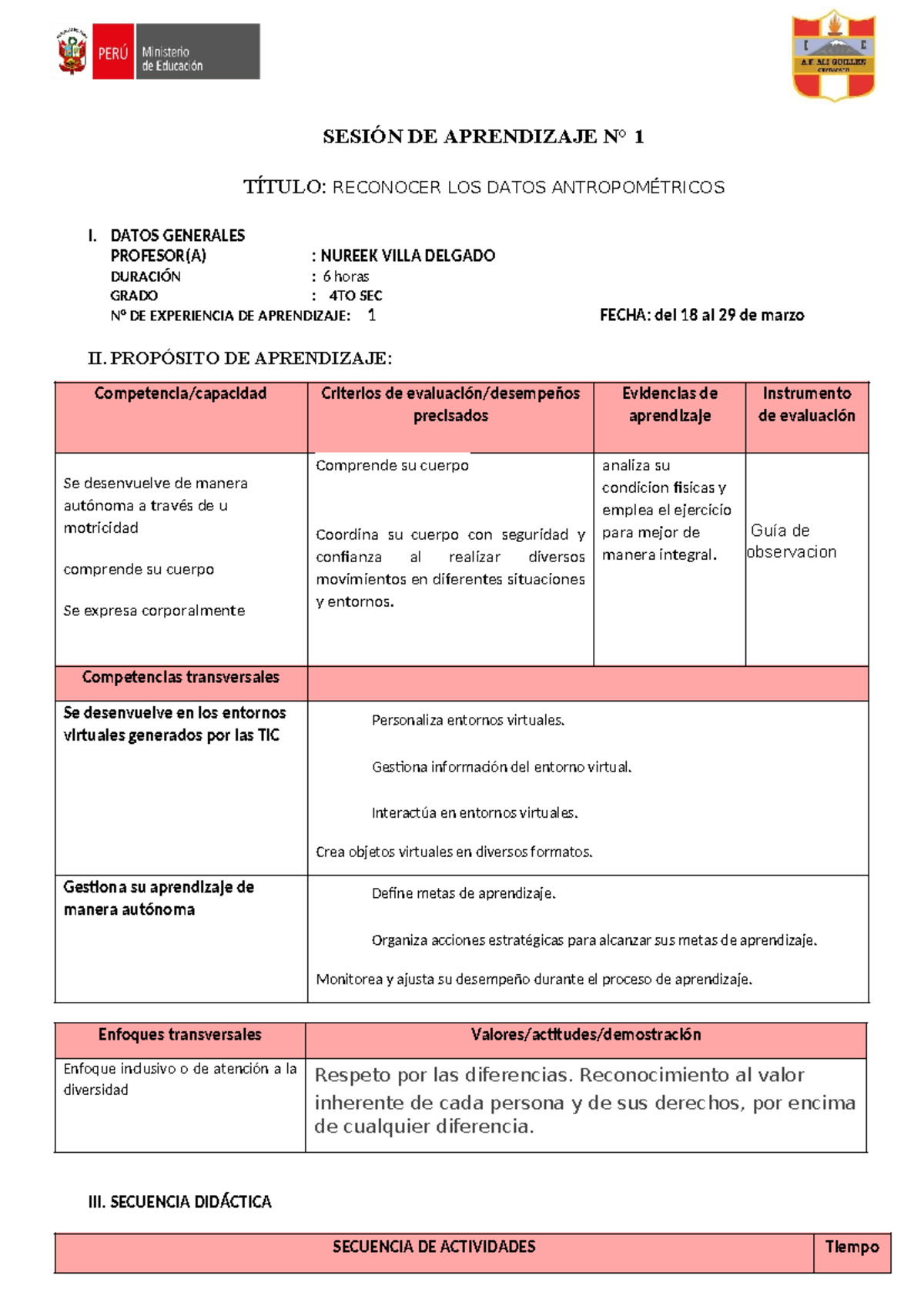Sesión DE Aprendizaje 2024 ED. Fisica - SESIÓN DE APRENDIZAJE N° 1 TÍTULO: RECONOCER LOS DATOS ...