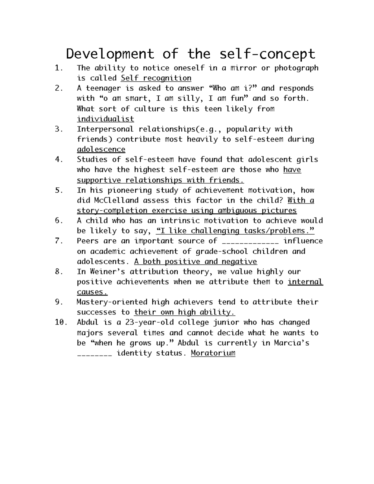 Psychology - Lecture notes 2 - Development of the self-concept The ...