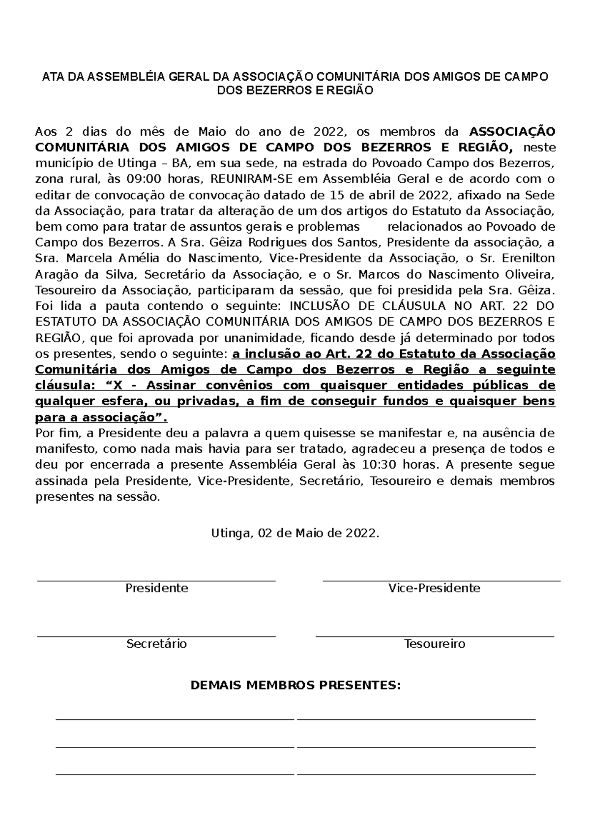 ATA DA Associação - aaa - ATA DA ASSEMBLÉIA GERAL DA ASSOCIAÇÃO ...
