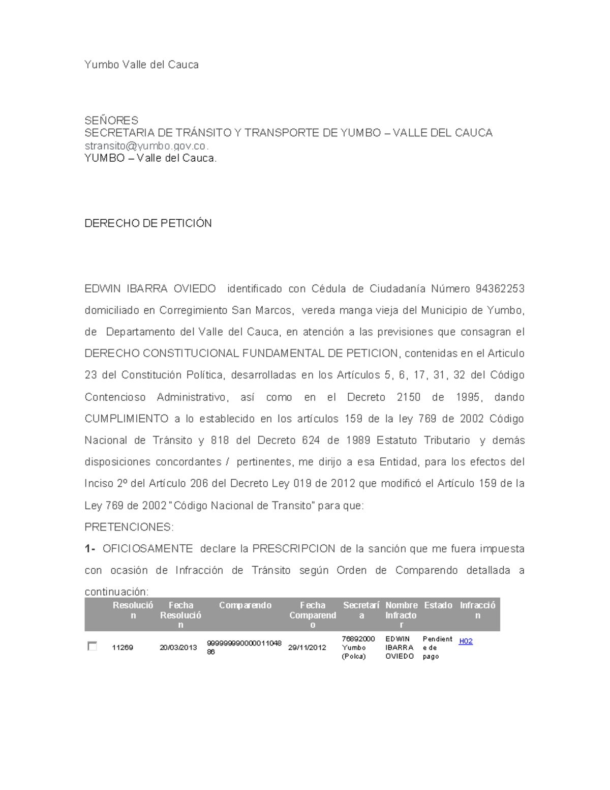 modelo multas de transito - Yumbo Valle del Cauca SEÑORES SECRETARIA DE ...