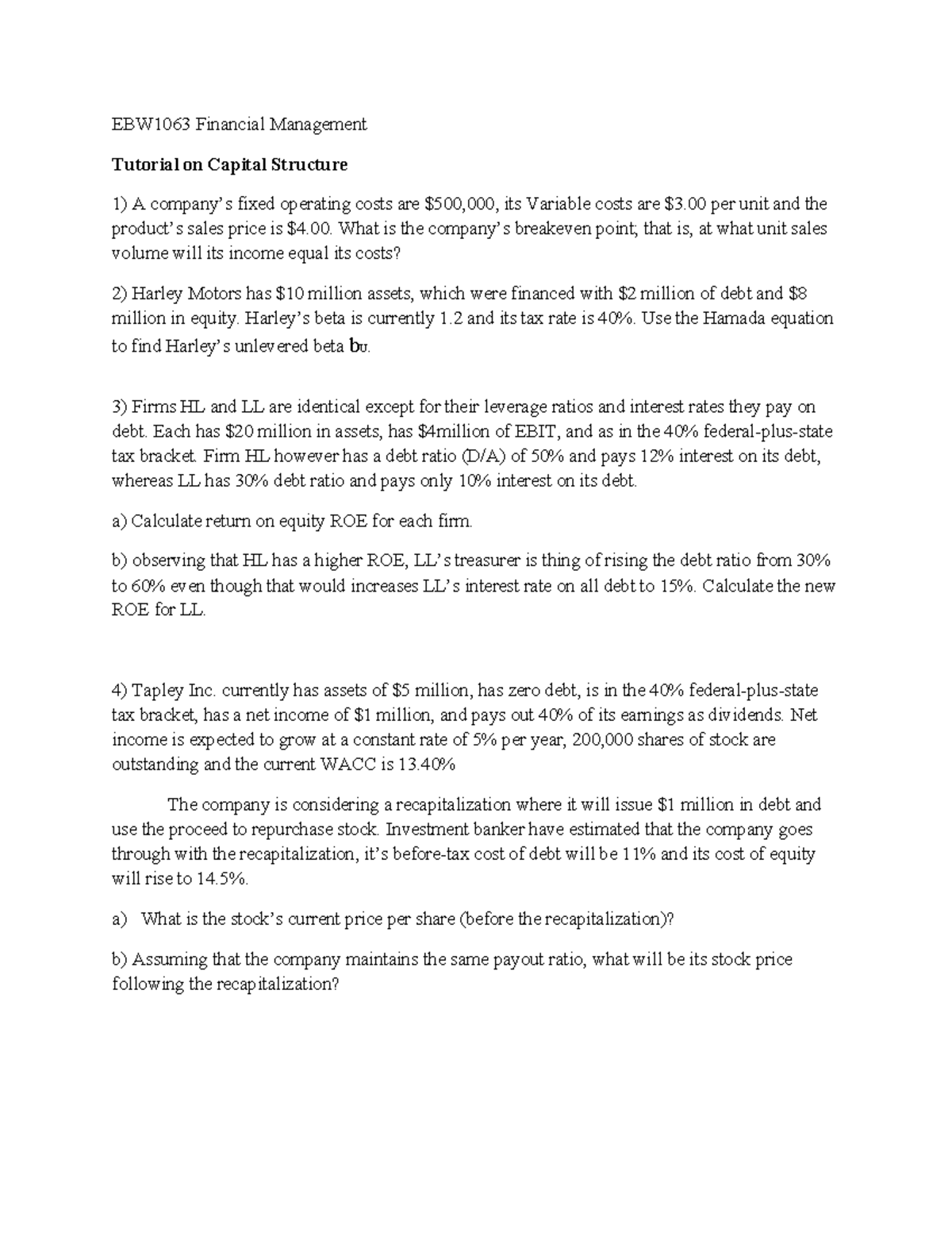 Tutorial 8 Questions - Exercise of capital structure and dividend policy - EBW1063 Financial ...