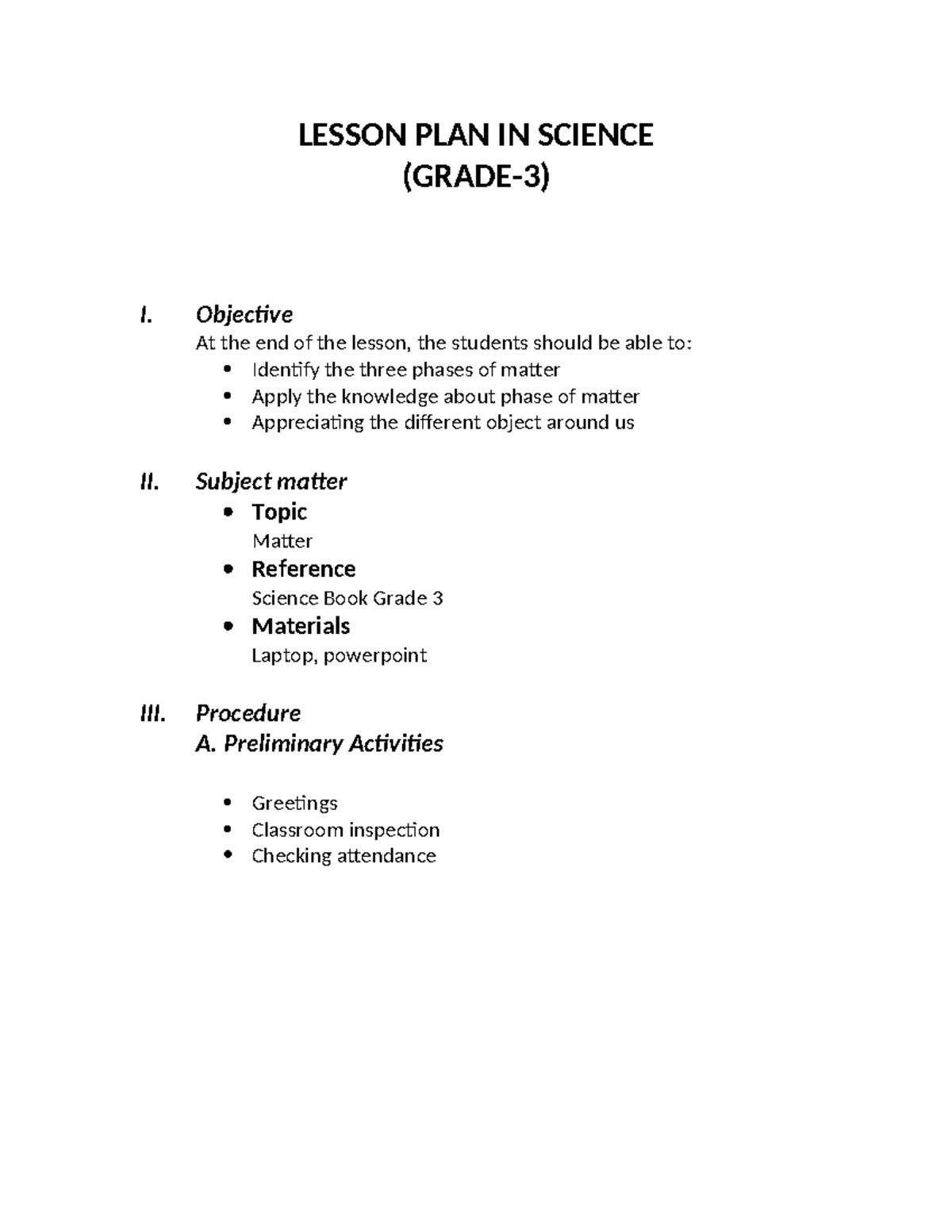 Lesson PLAN IN Science - LESSON PLAN IN SCIENCE (GRADE-3) I. Objective ...