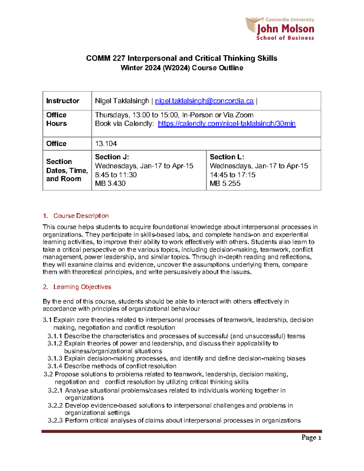 COMM 227 Course Outline (W2024) v2 - COMM 22 7 Interpersonal and ...