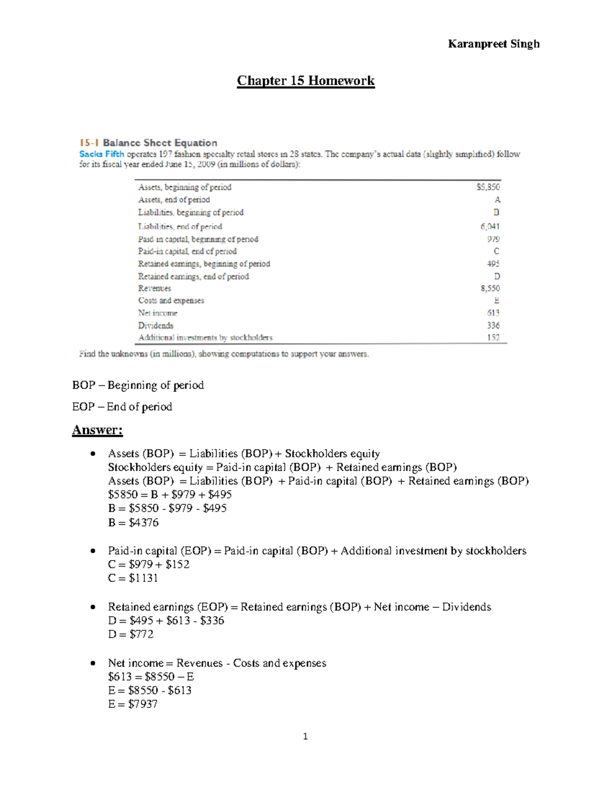 Homework CH15 - HW#1 - Chapter 15 Homework BOP – Beginning of period EOP – End of period Answer ...